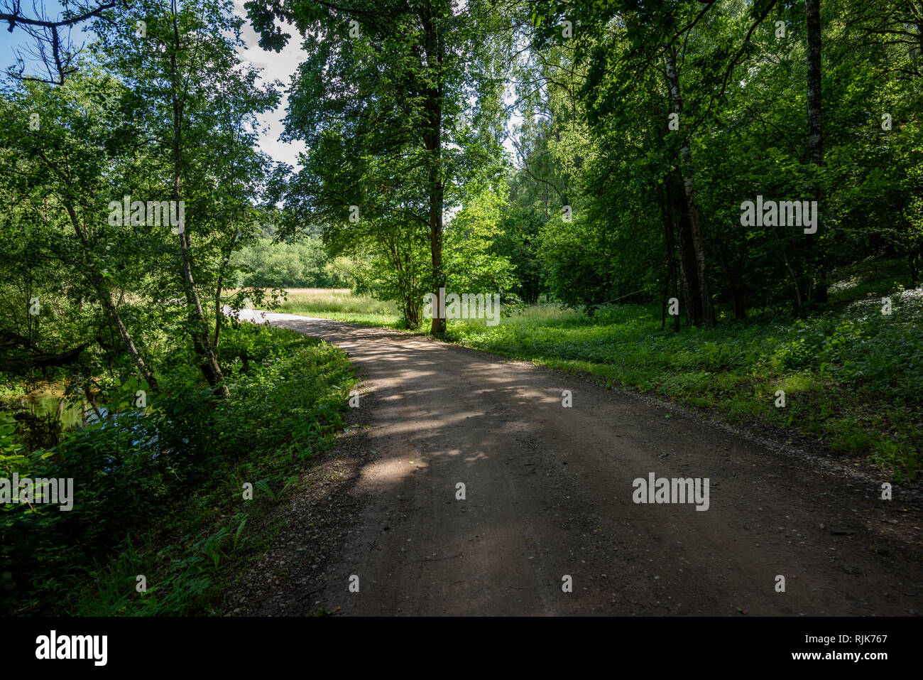 empty country gravel road with mud puddles and bumps. dirty road ...