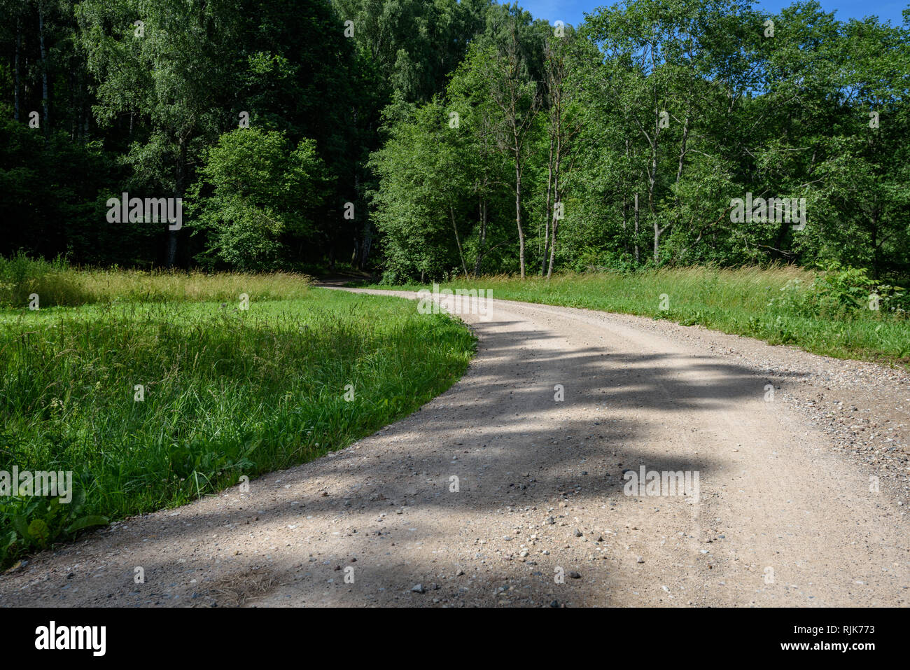 empty country gravel road with mud puddles and bumps. dirty road surface with sand and small ...