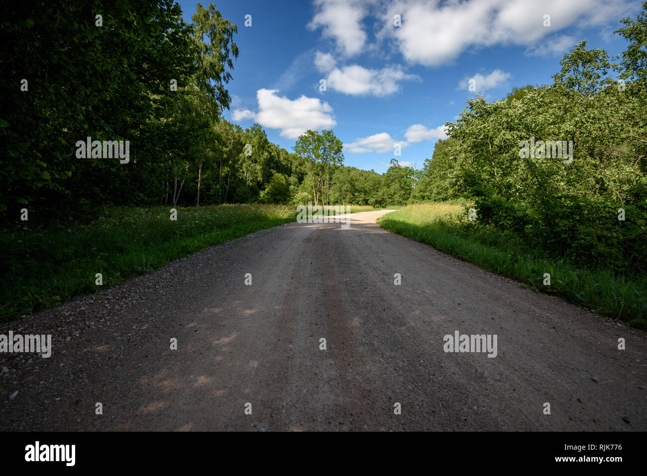 empty country gravel road with mud puddles and bumps. dirty road ...