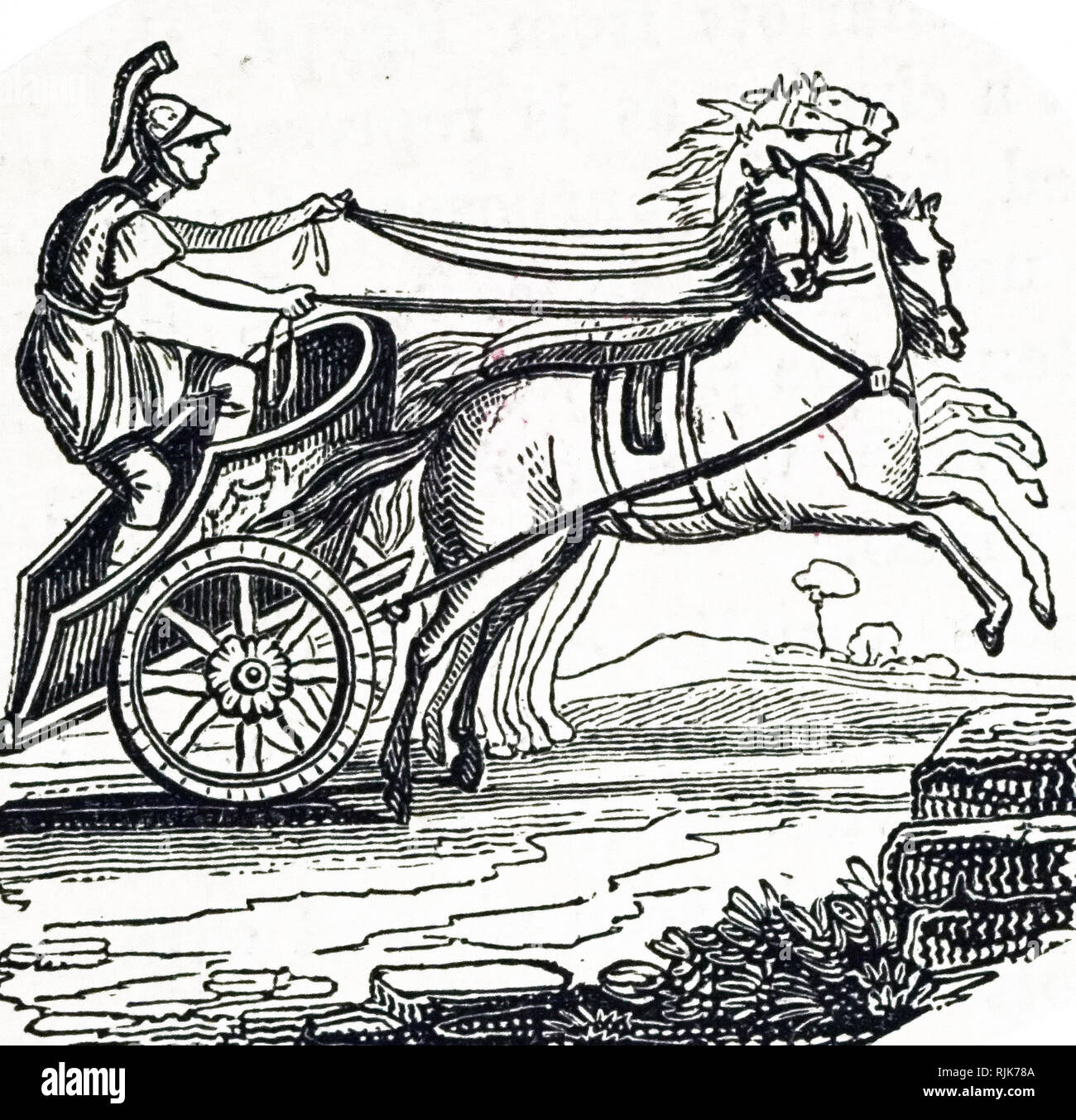An engraving depicting an ancient Roman chariot. Dated 19th century ...