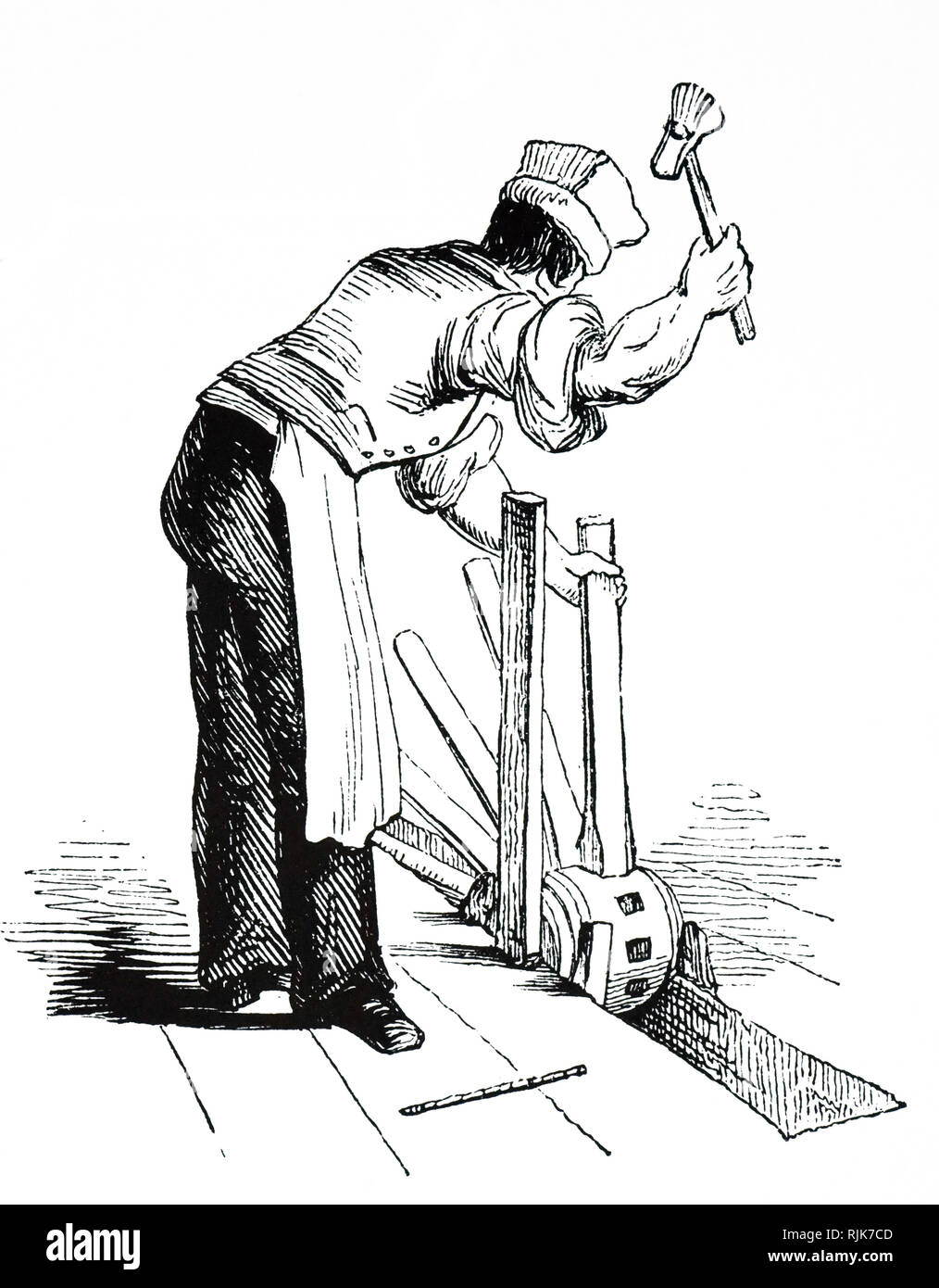 An engraving depicting a wheelwright fitting oak spokes into the elm ...