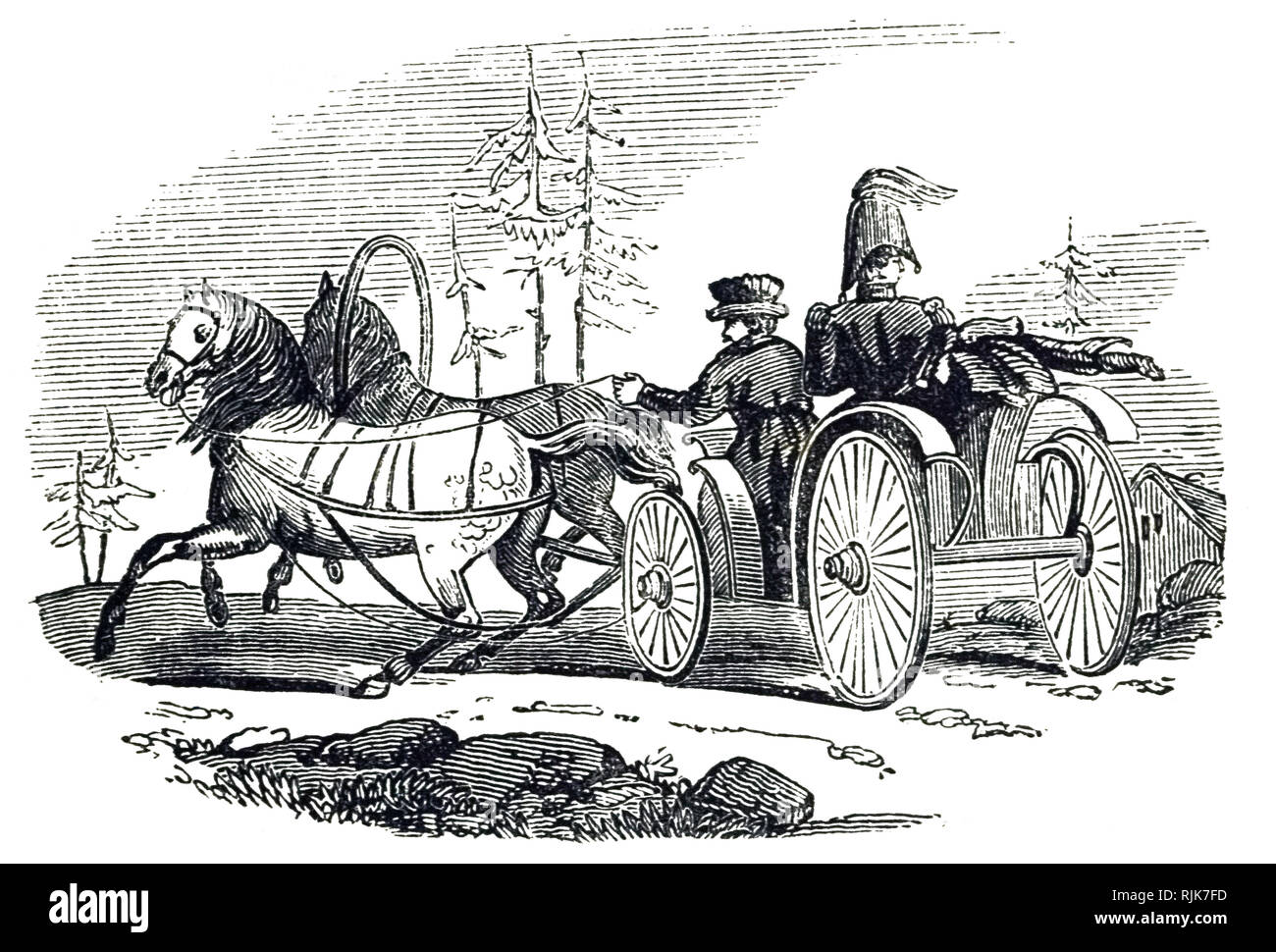 An engraving depicting a Russian Droshky, a low, four-wheeled open ...