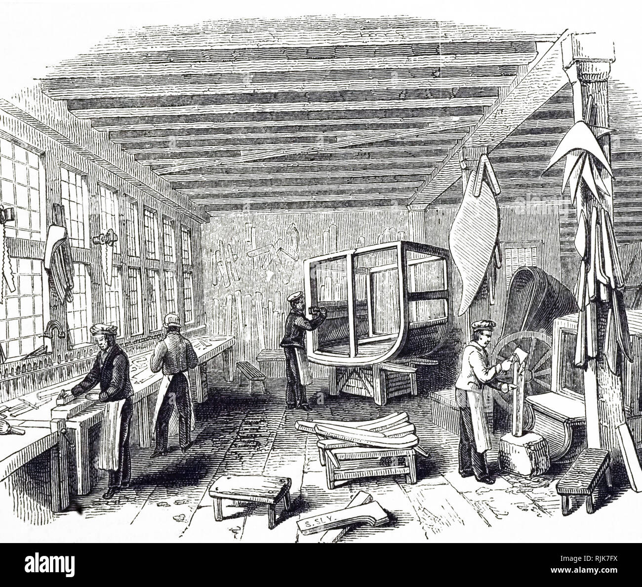An engraving depicting a coachmaker's loft in the Long Acre area of ...