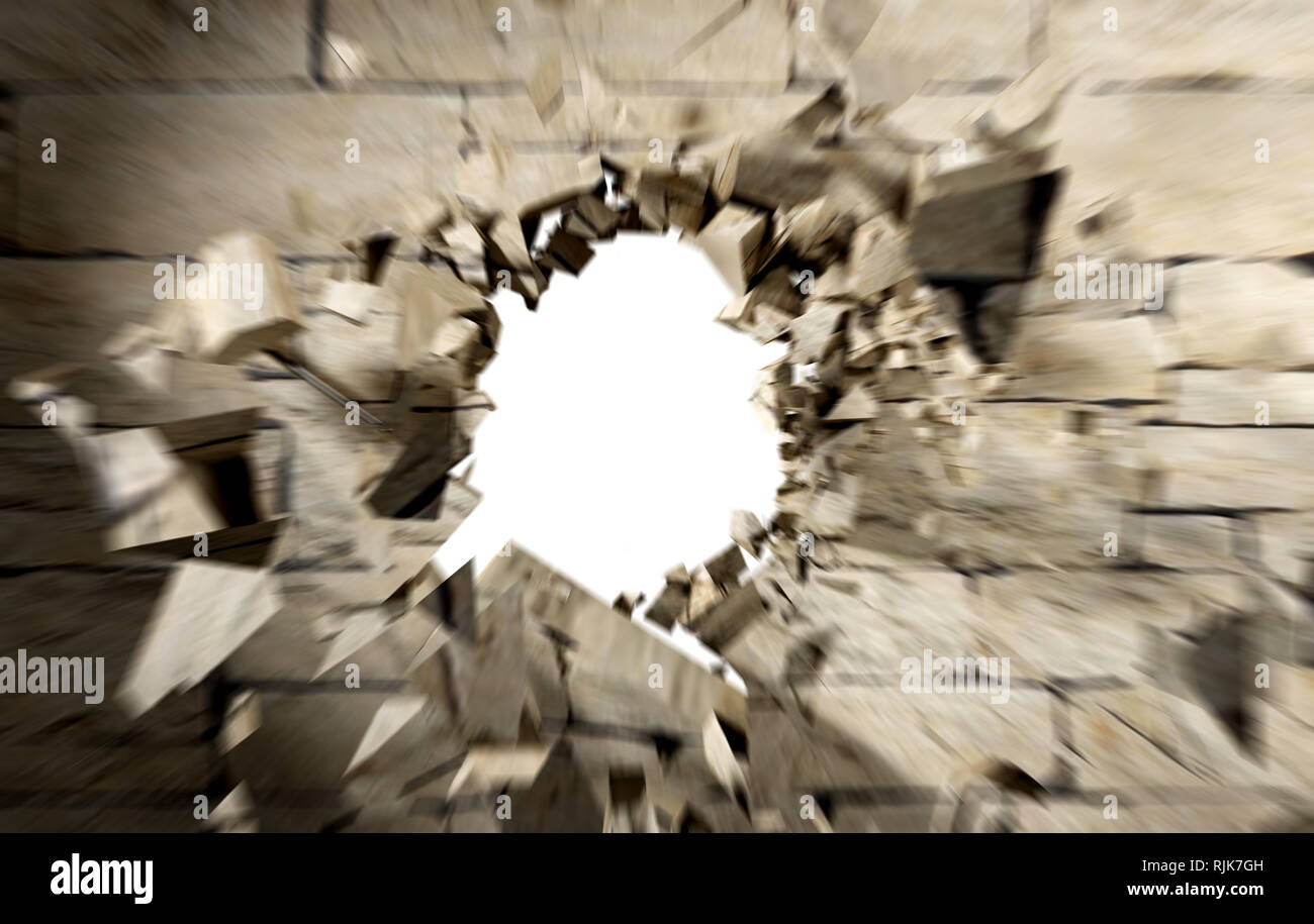 concept of breaking down obstacles. Crack and explosion. Hole in cement ...