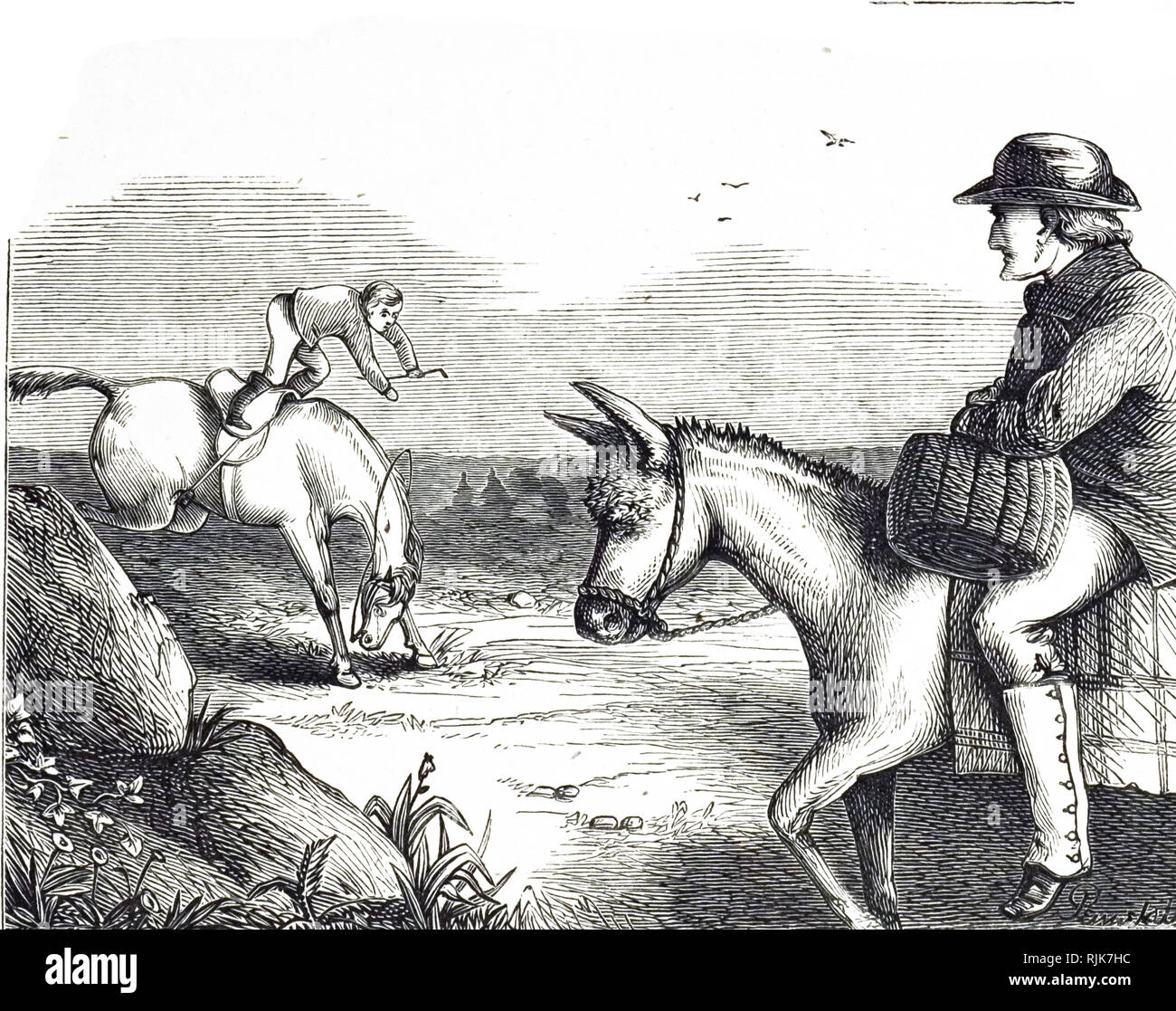 An engraving depicting a young boy flung off his horse. Dated 19th ...