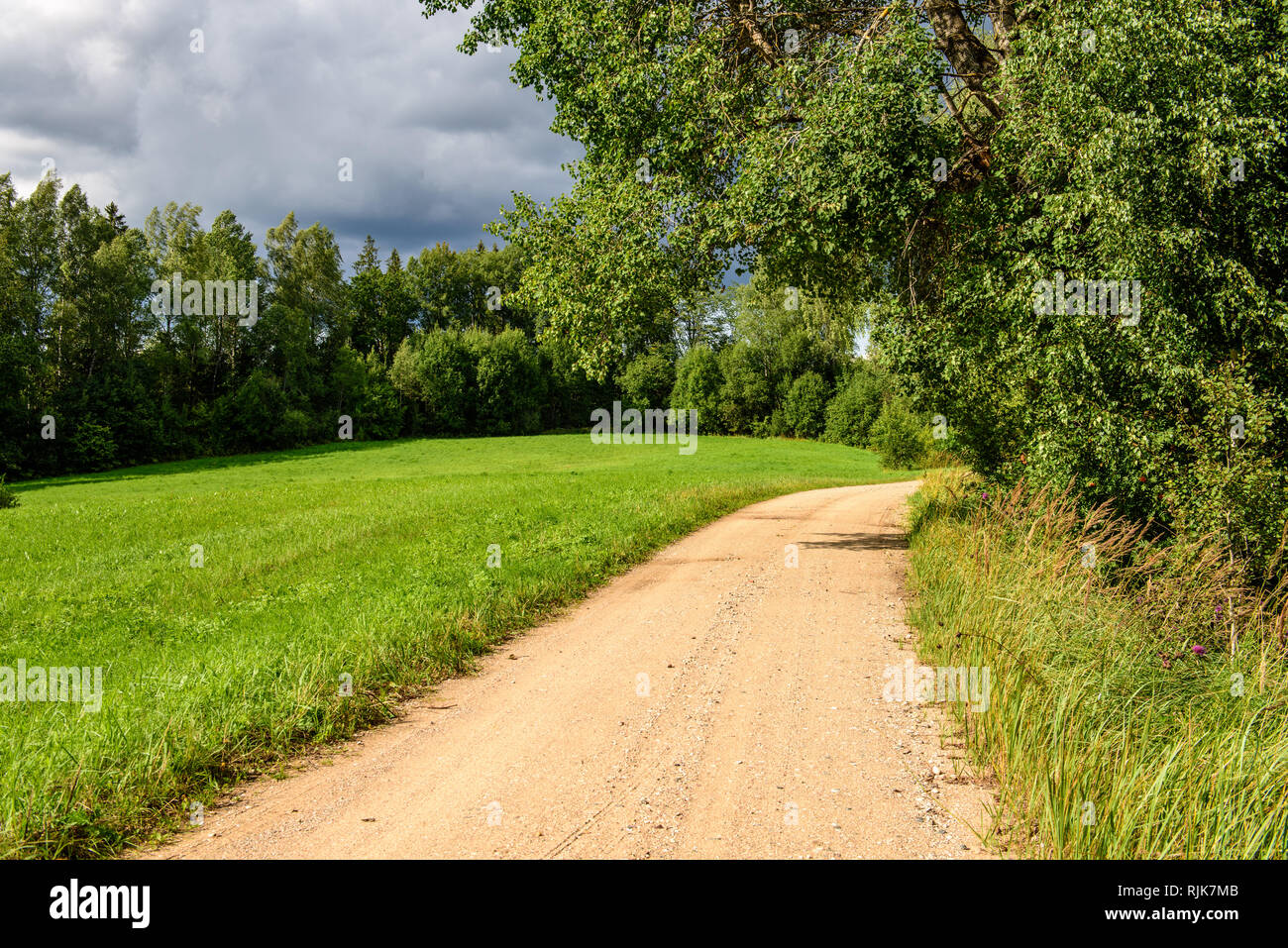 empty country gravel road with mud puddles and bumps. dirty road ...