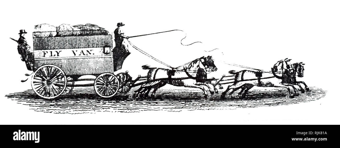 An engraving depicting a fly van used to carry parcels from Cheltenham ...