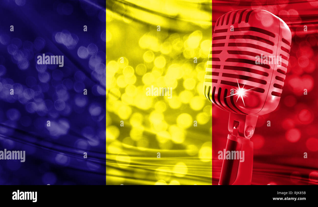 Microphone on a background of a blurry Romania flag close-up Stock ...
