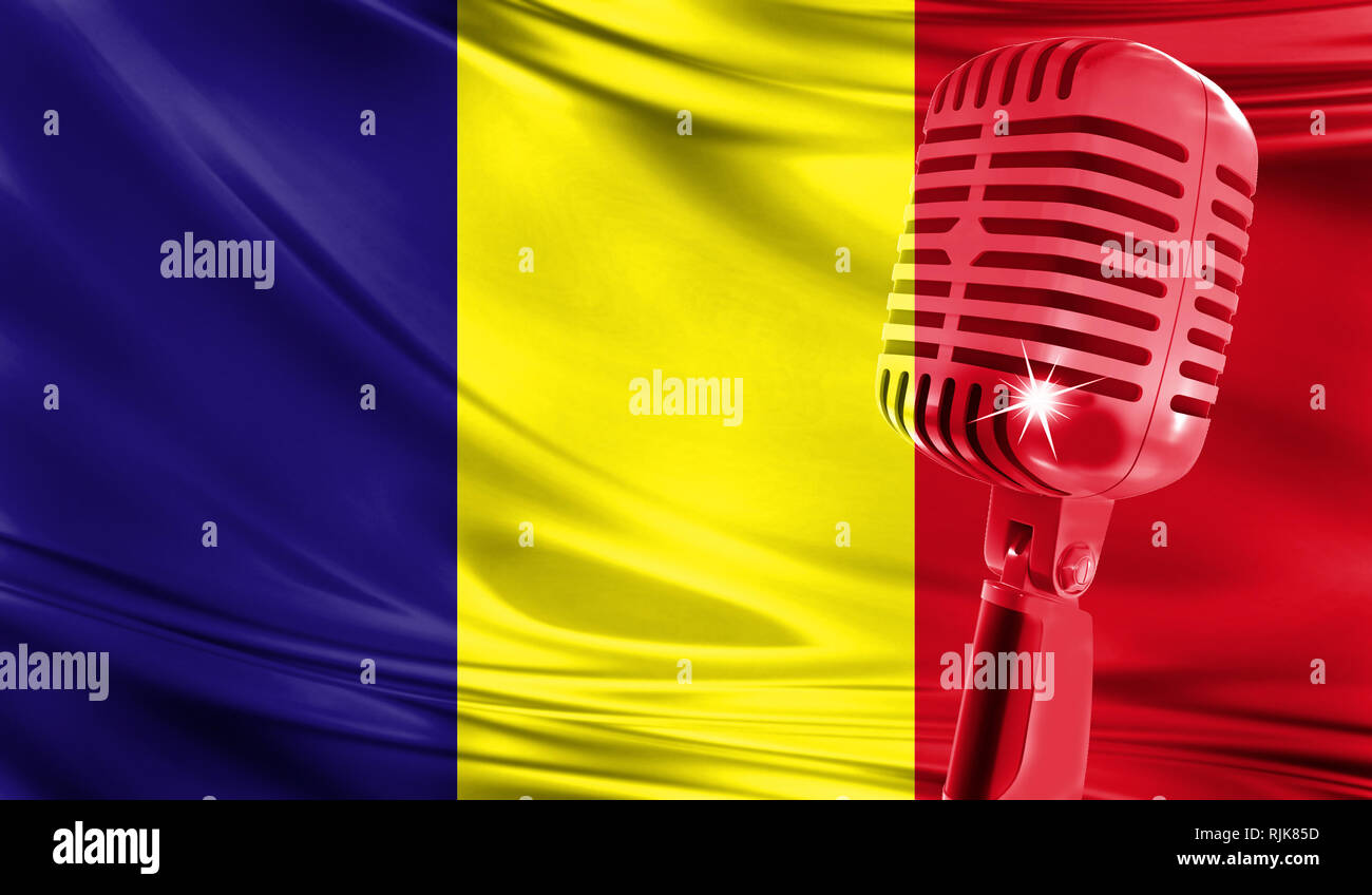 Microphone on fabric background of flag of Romania close-up Stock Photo ...