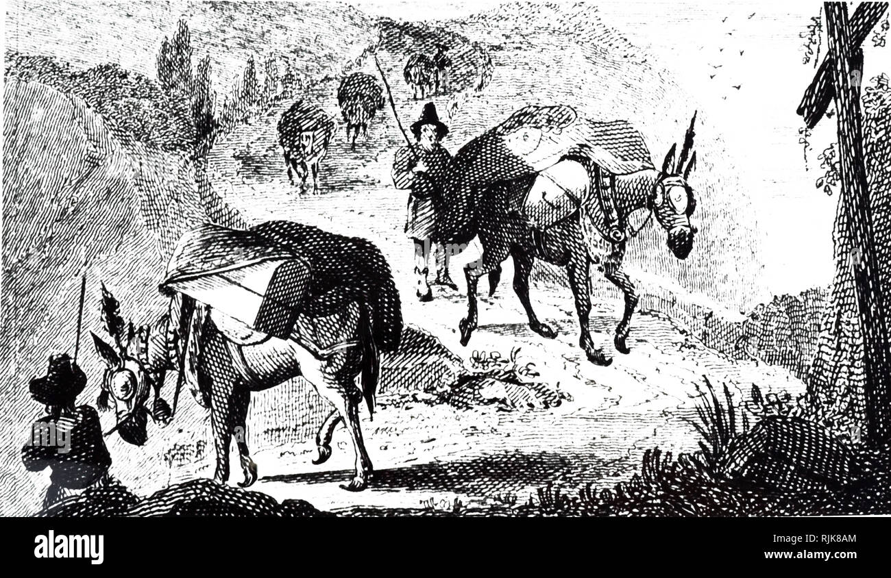 An engraving depicting a Spanish mule train. Dated 19th century Stock ...