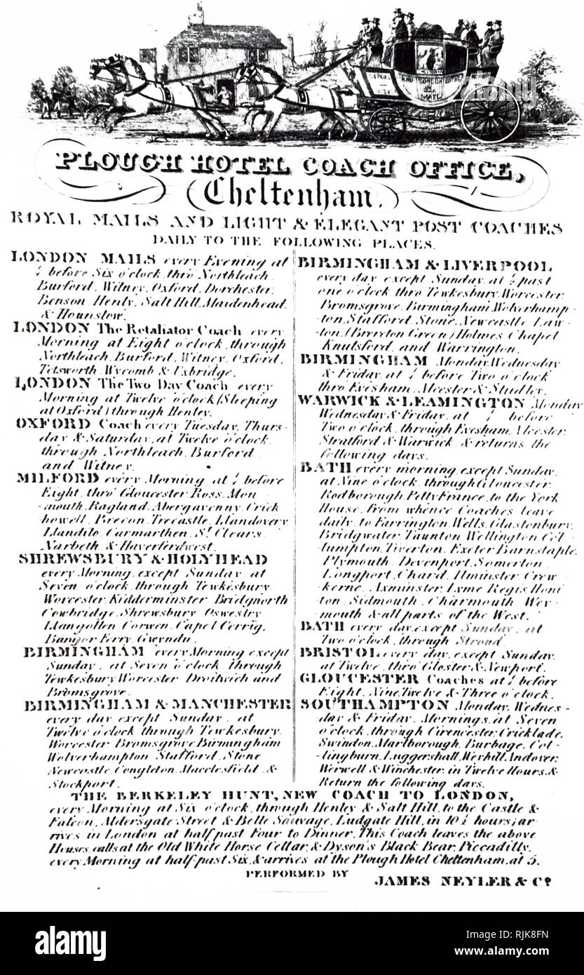An engraving depicting a coach timetable printed by the Plough Hotel ...
