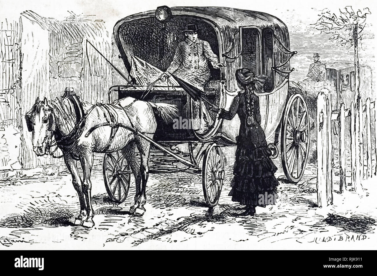 An engraving depicting a typical London cab driver speaking to a girl ...