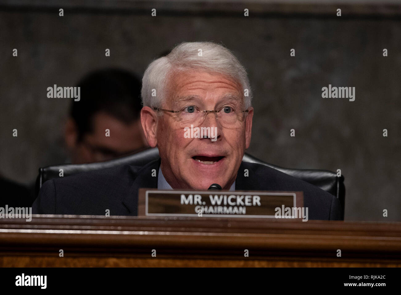 Senator Roger Wicker, Republican of Mississippi, listens to testimony ...