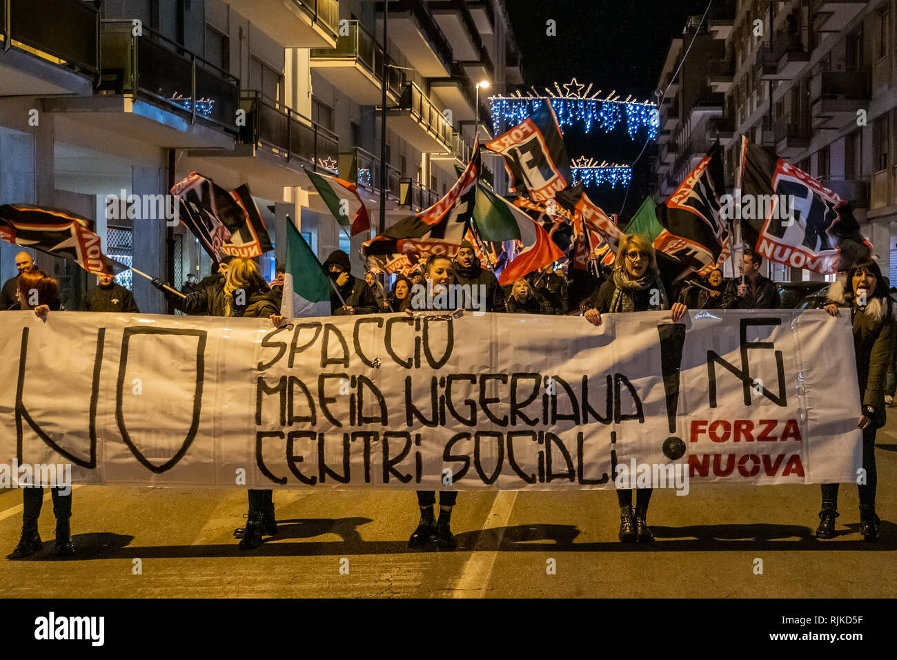 Mestre, Italy. 06th Feb, 2019. Protest of "Forza Nuova" against "Centri ...