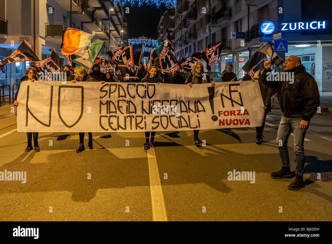 Mestre, Italy. 06th Feb, 2019. Protest of "Forza Nuova" against "Centri ...