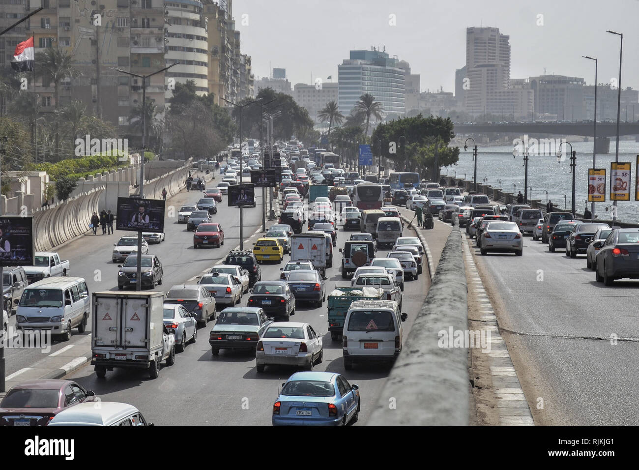 Cairo, Egypt. 07th Feb, 2019. A general view shows vehicles driving ...