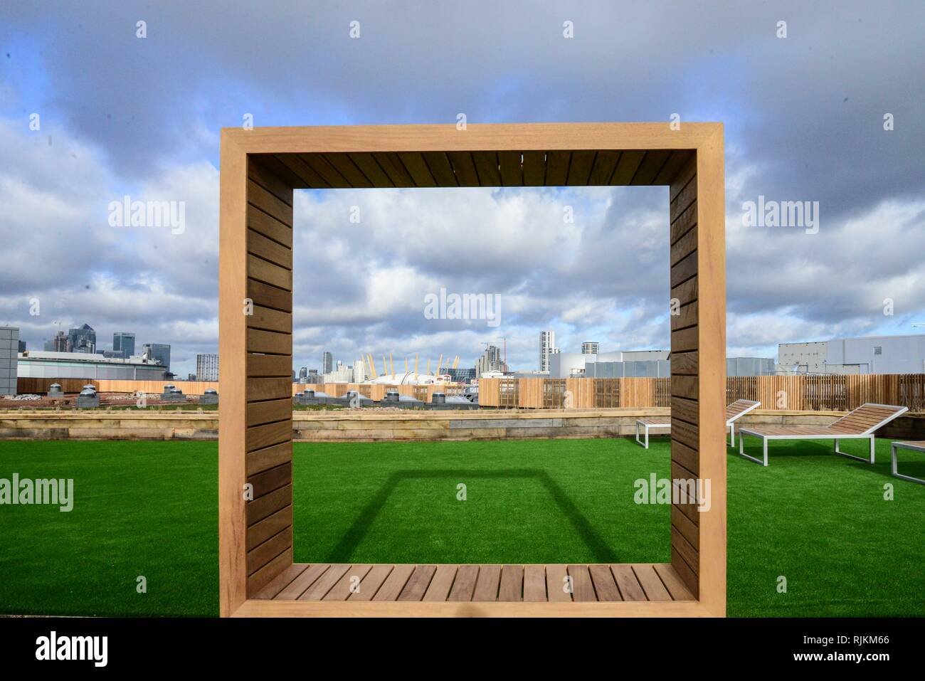 London,UK. 7th Feb 2019. View from the roof terrace of the O2 arena ...