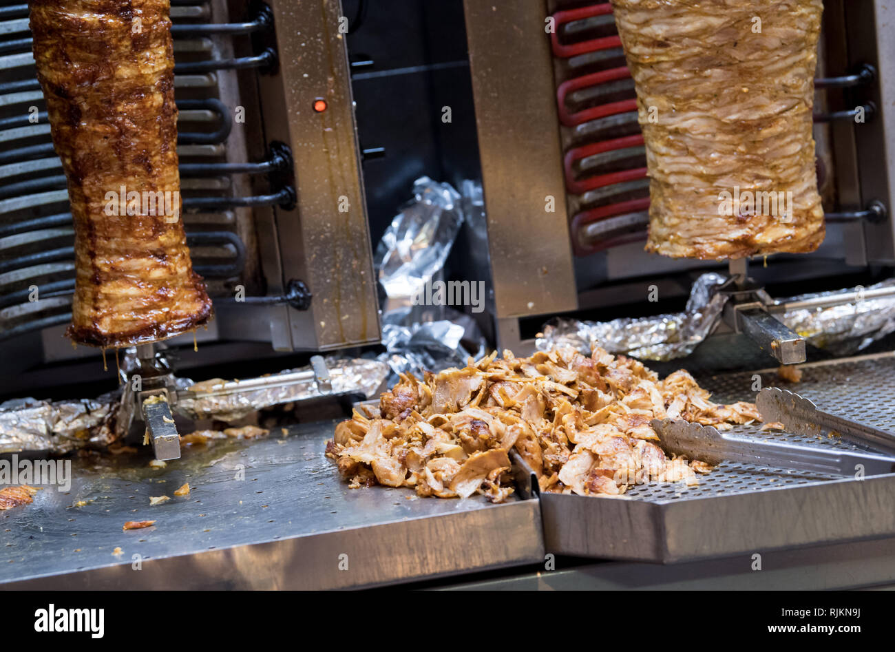 07 February 2019, Bavaria, München: Cut off kebab meat lies in a snack ...