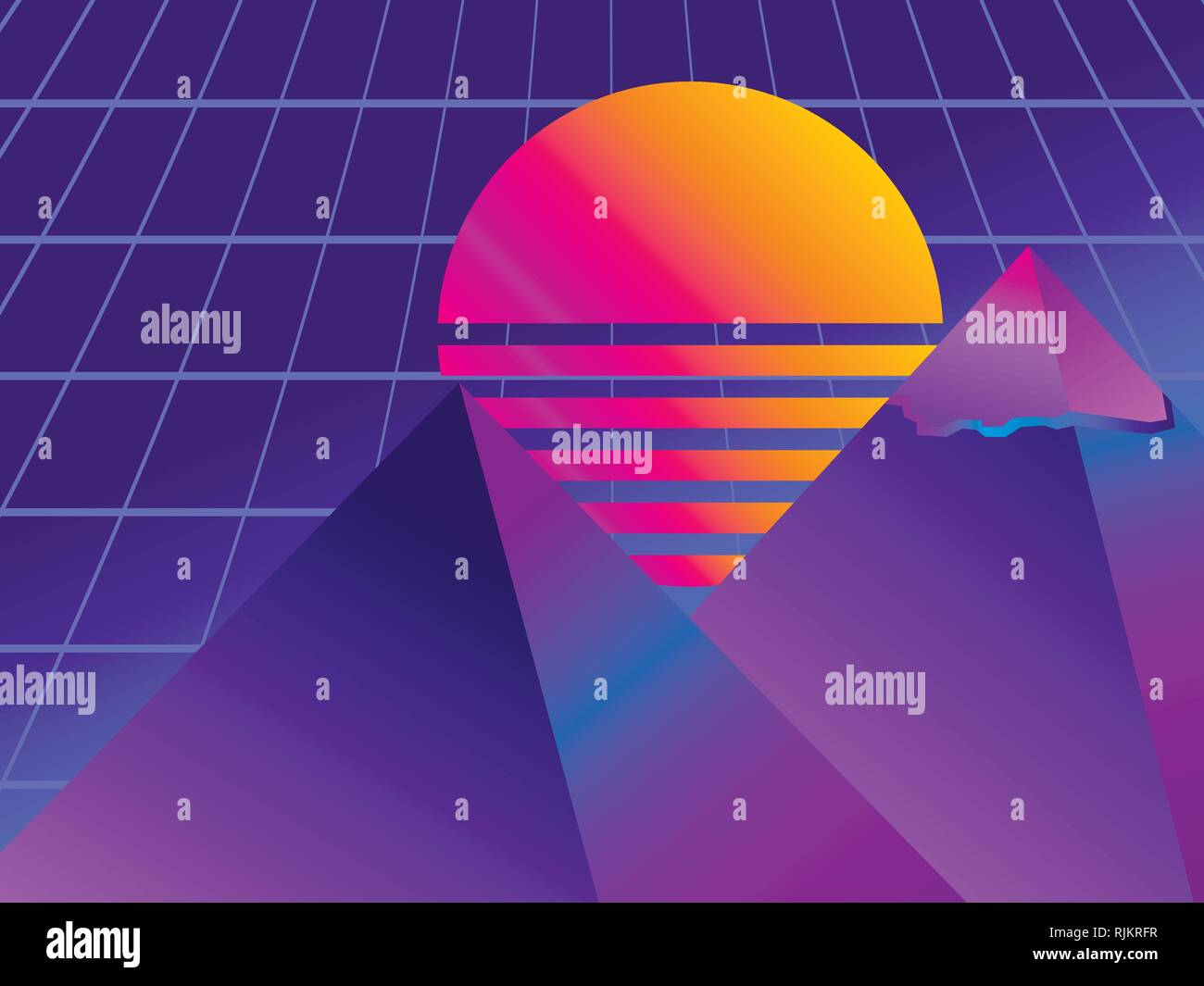 Retro futurism pyramid. Perspective grid. Neon sunset. Synthwave retro ...