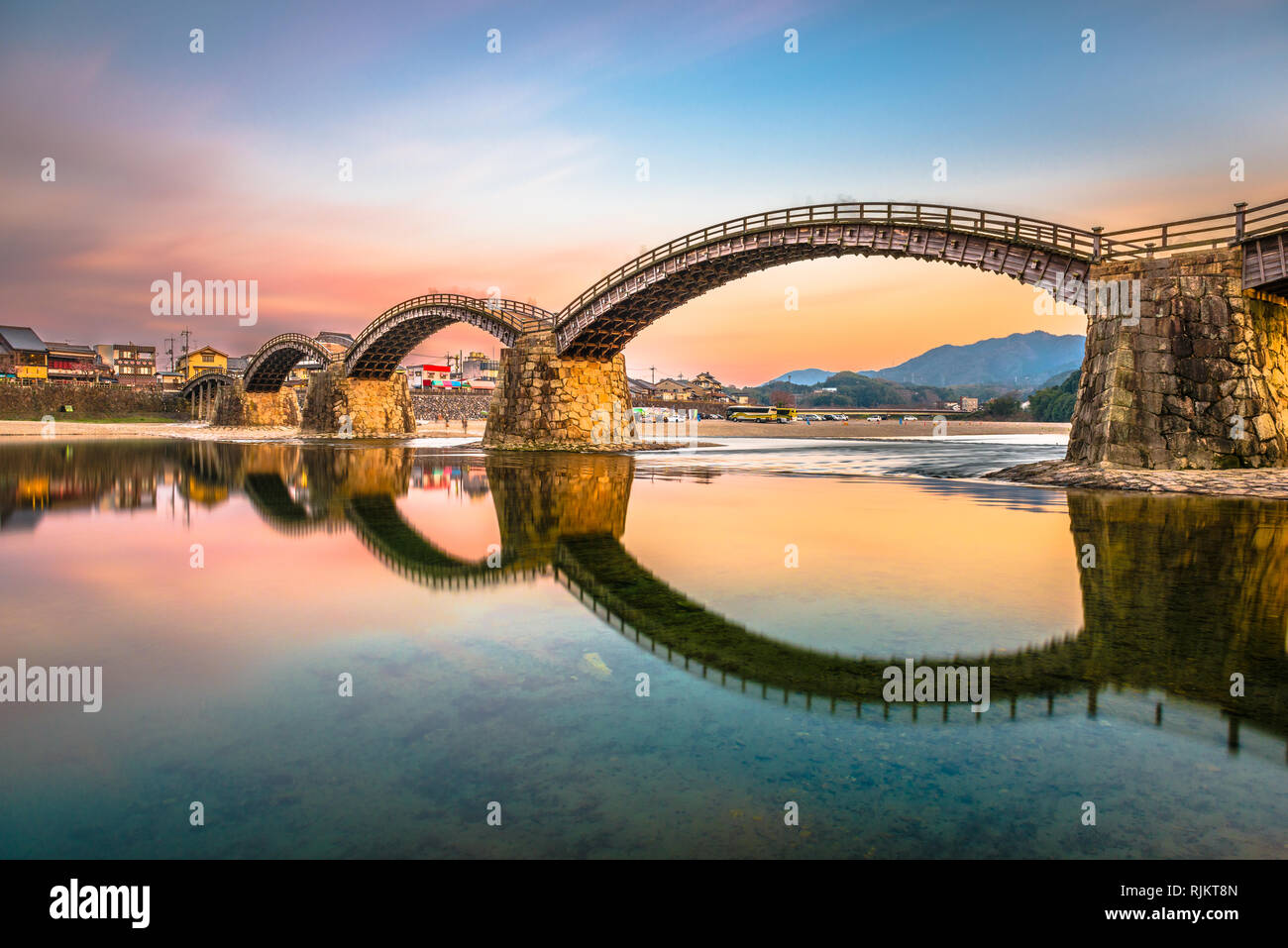 Iwakuni, Yamaguchi, Japan at Kintaikyo Bridge over the Nishiki River at ...