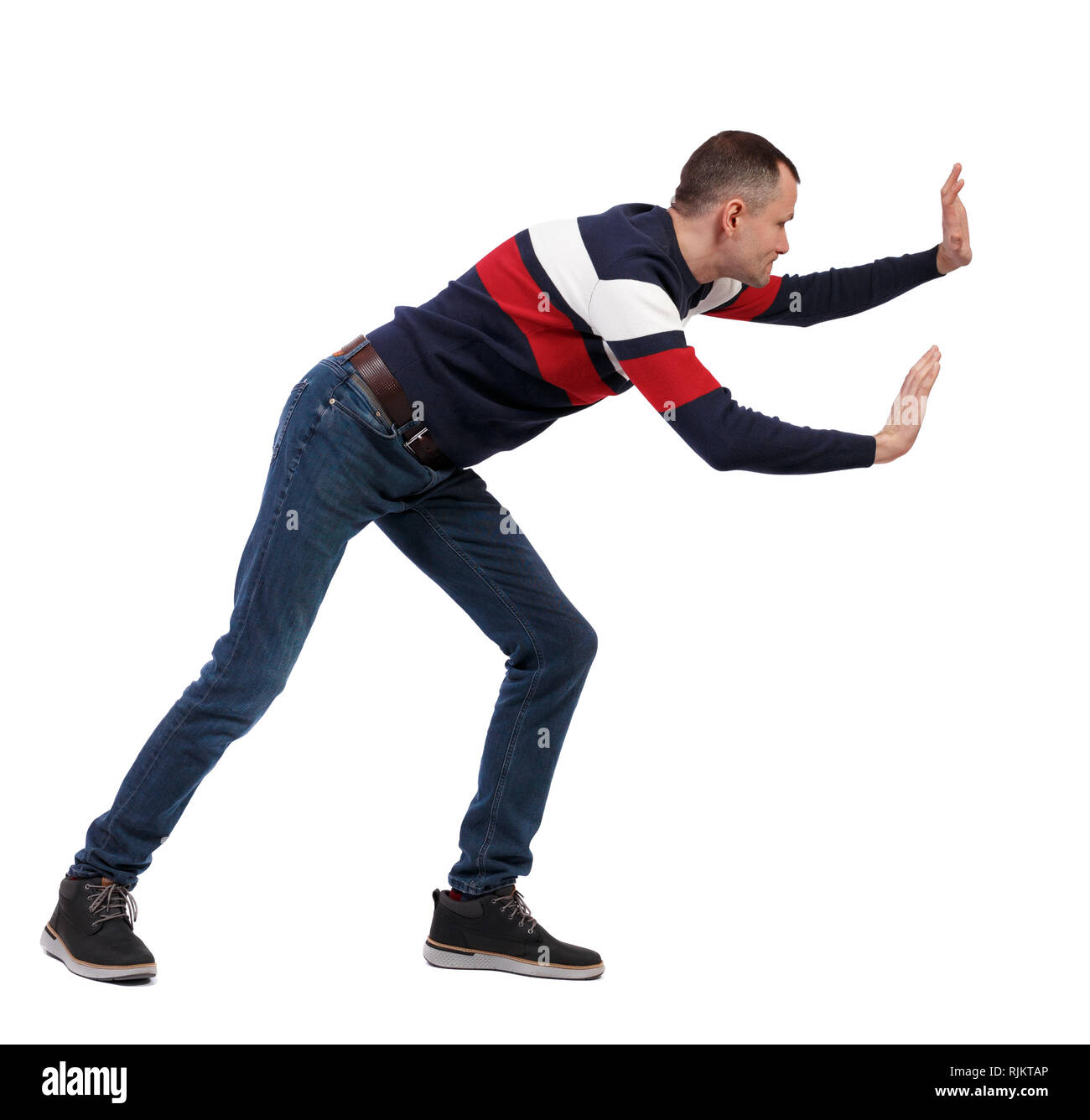 back view of man pushes wall. Isolated over white background. Rear view ...