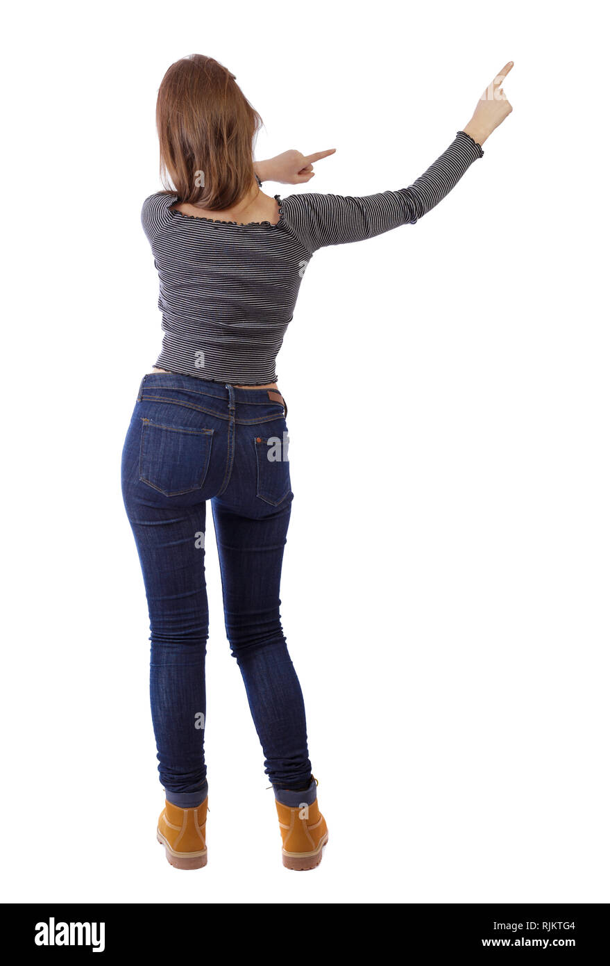 back view of dancing young beautiful woman. girl watching. Rear view ...