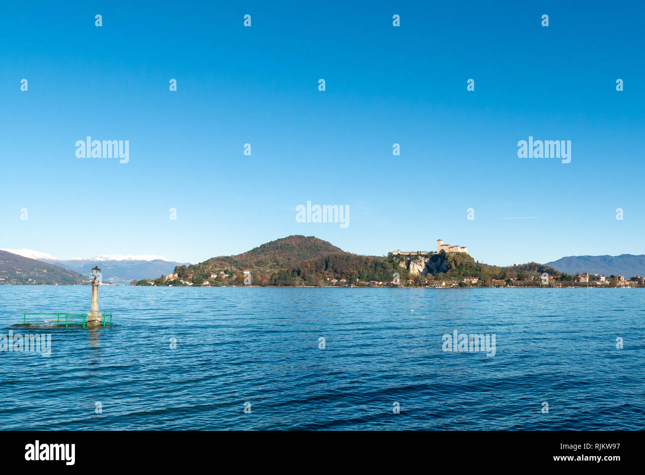 Arona lakeside, Piedmont, with a view of the Rocca di Angera, Lombardy ...