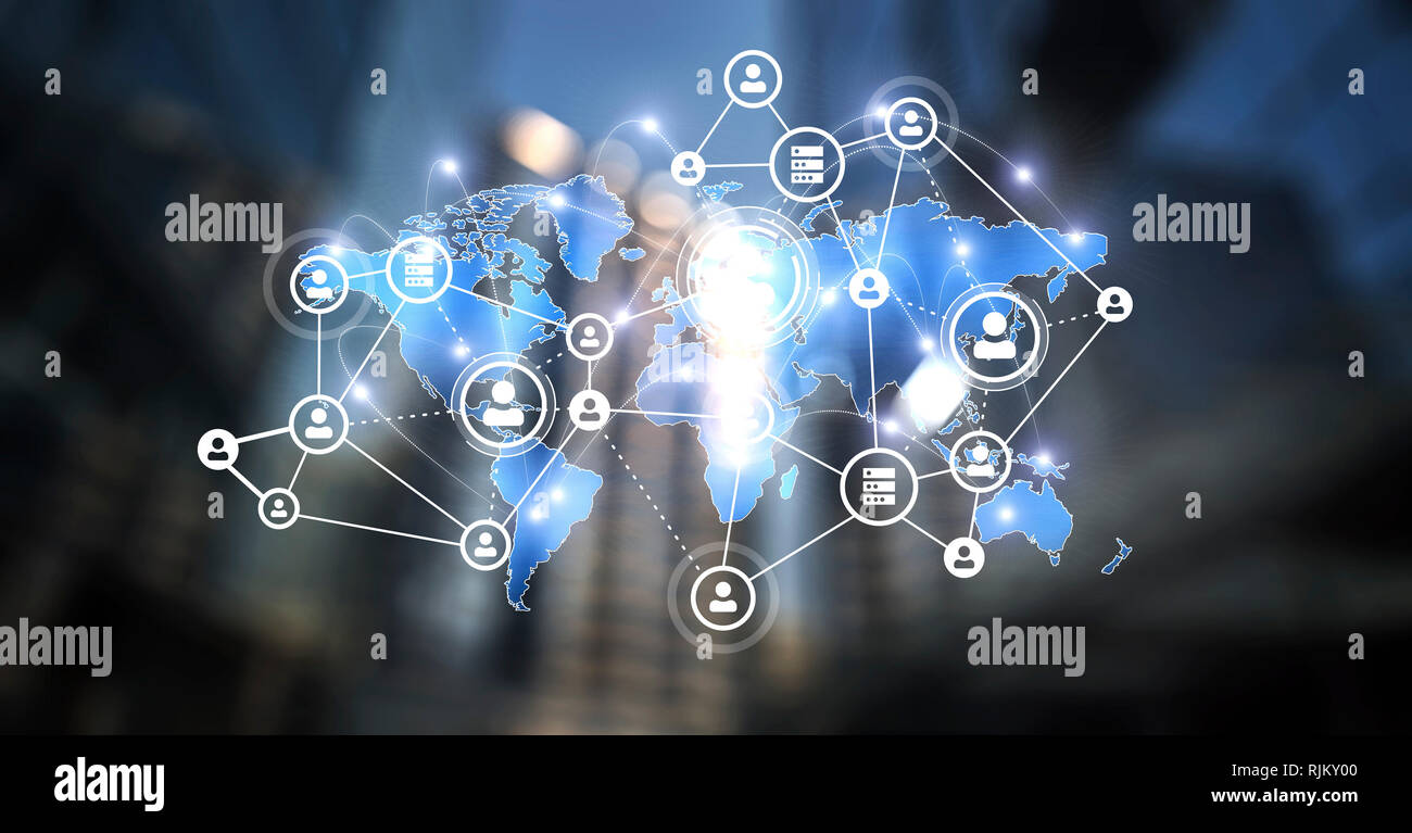 World map with infographics and social media icons. 3d rendering Stock ...