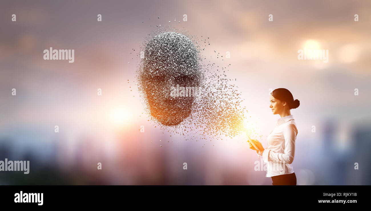 Modern technology concept wih cyber robot face. Mixed media Stock Photo ...