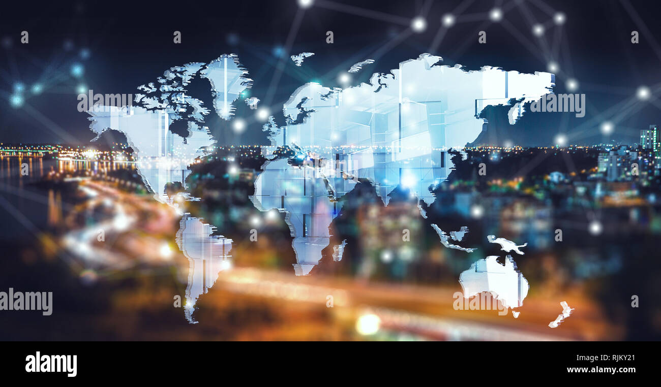 Business center buildings and world map as concept. Mixed media Stock ...