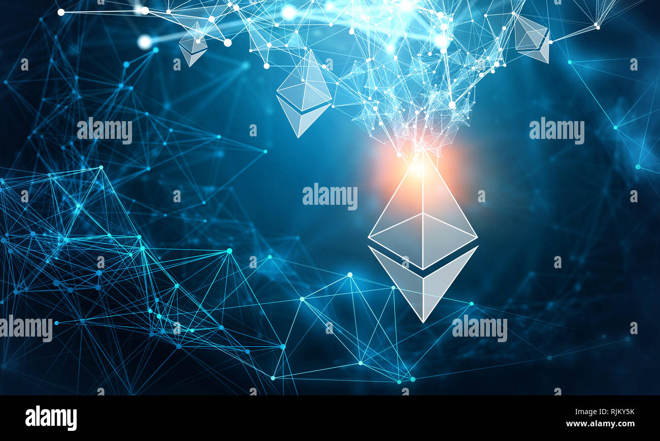 Bitcoin and Ethereum symbols on abstract blue background. 3d rendering ...