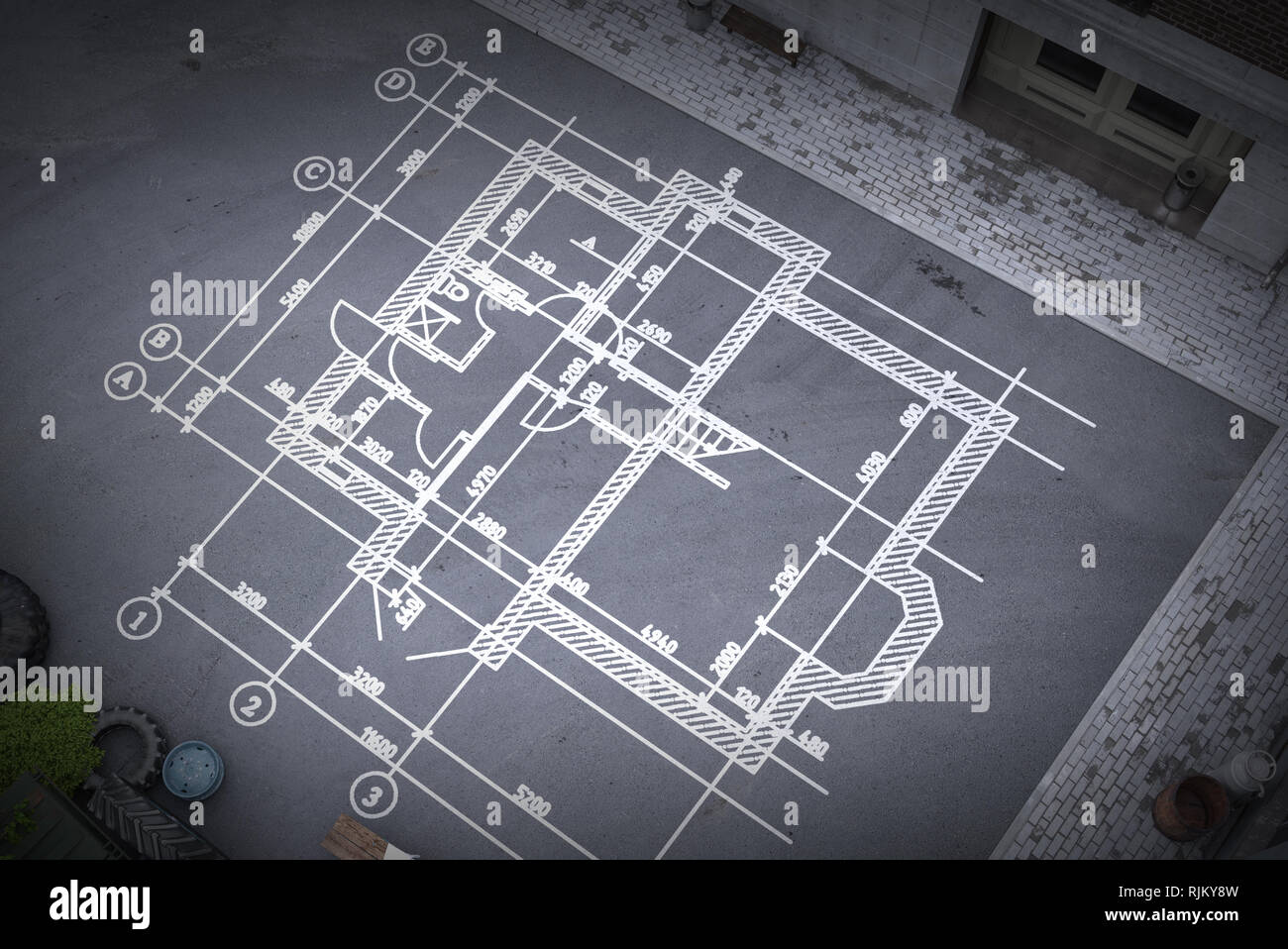 Concrete floor from top and construction plan. Mixed media Stock Photo ...