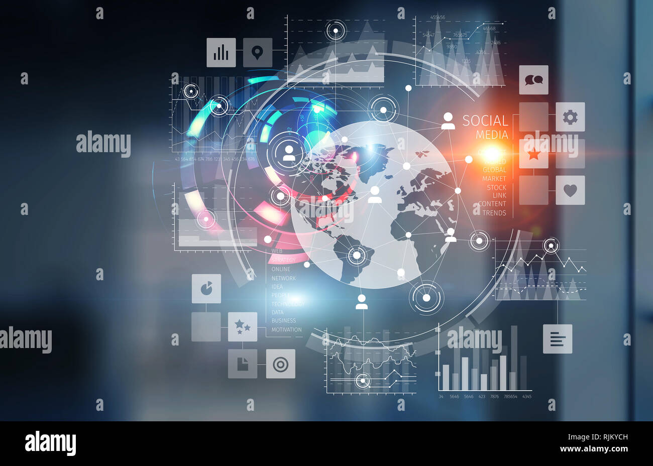 Background technology image with media panel with infographs. Mixed ...