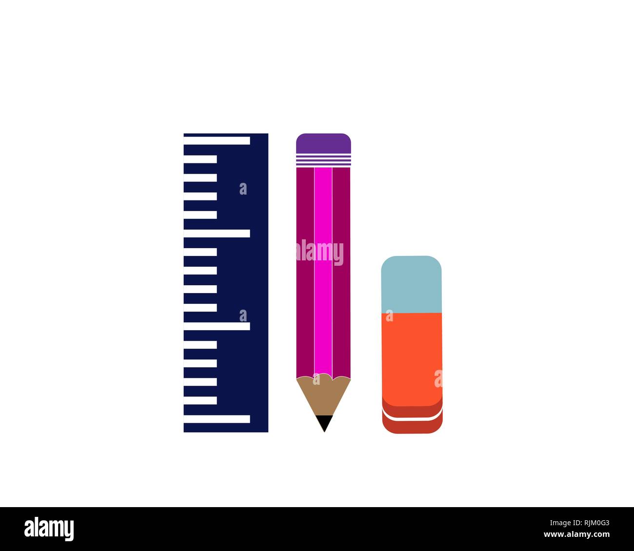 Ruler, pencil and eraser on a white background. Flat design. Vector ...