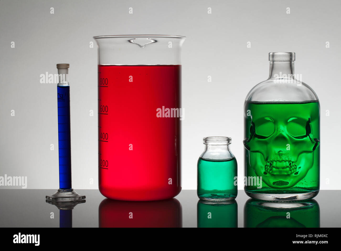 Liquid in laboratory bottles. Scientific biochemical laboratory ...