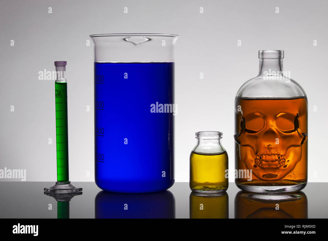 Liquid in laboratory bottles. Scientific biochemical laboratory ...