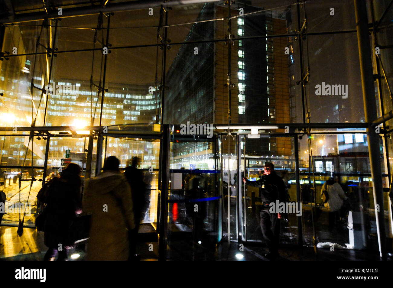 European Commission building entrance, seen at night, Brussels, Belgium ...