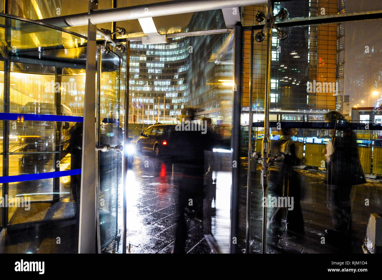 European Commission building entrance, seen at night, Brussels, Belgium ...