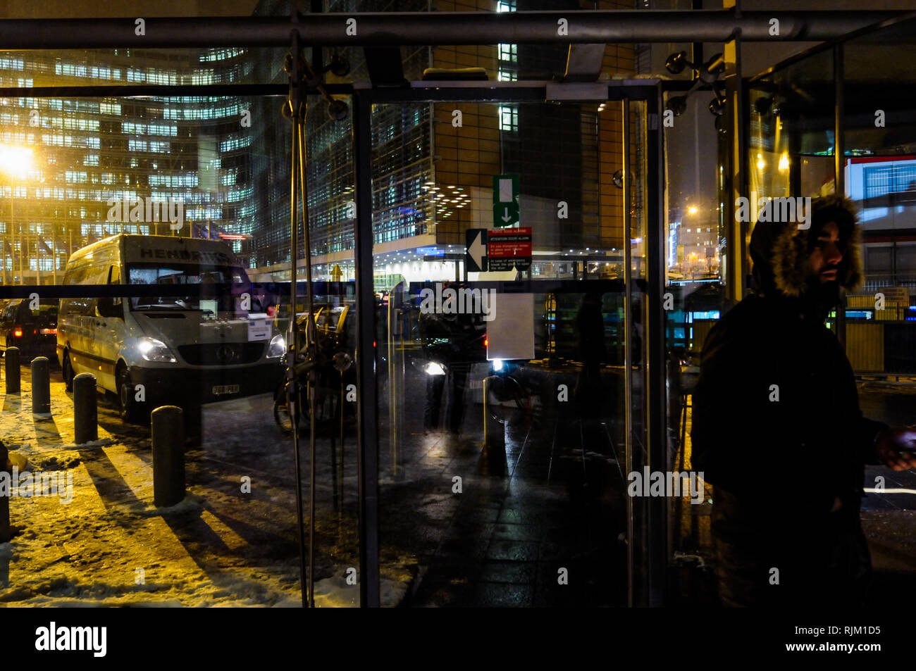 European Commission building entrance, seen at night, Brussels, Belgium ...