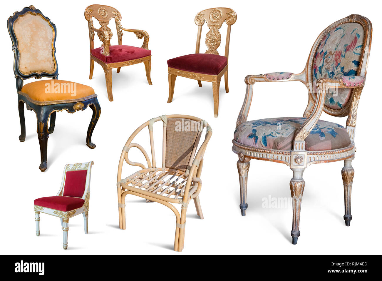 Collection of different chairs and armchairs isolated on white ...