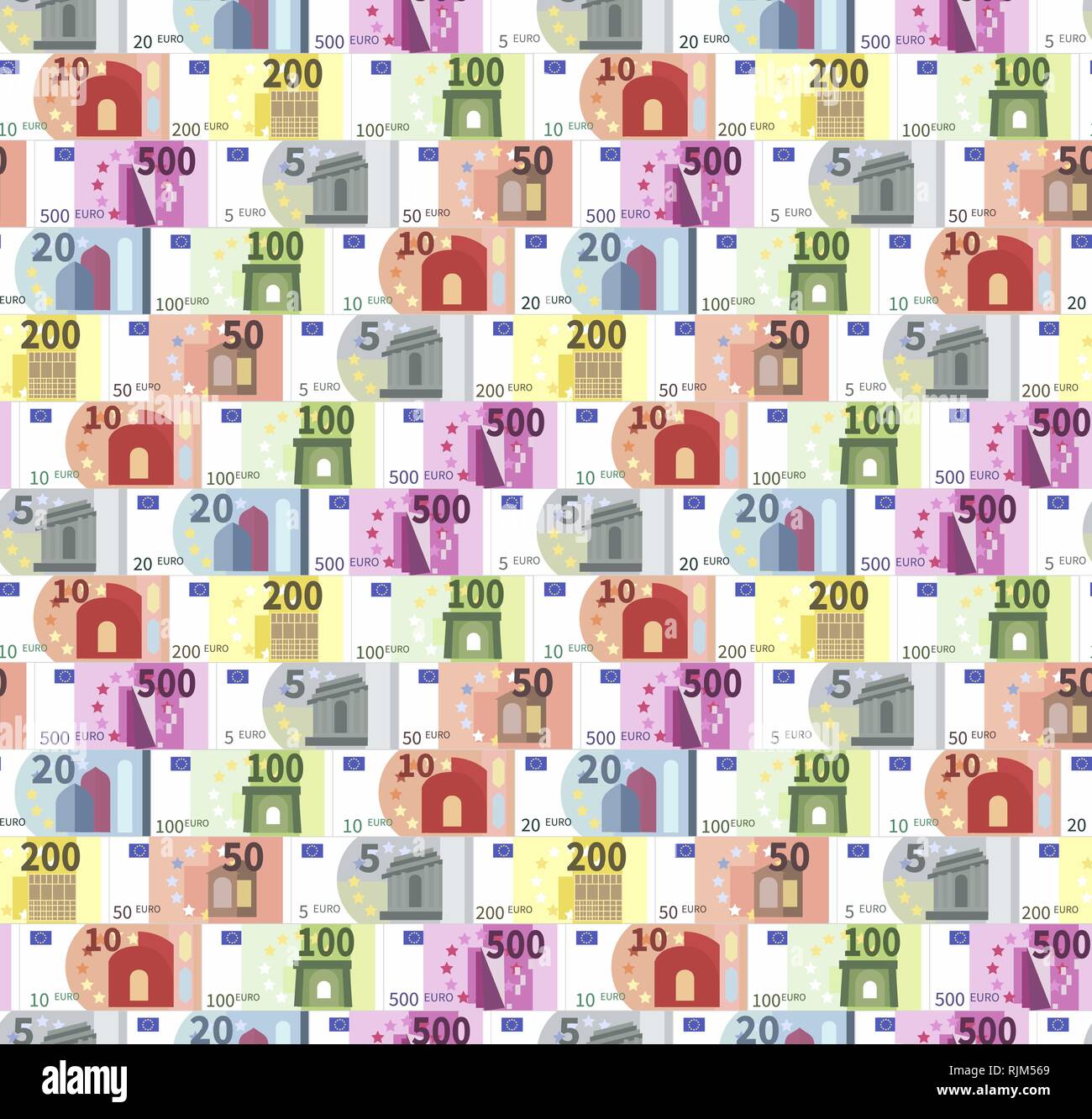 A lot of bright different euro banknotes in a rows, seamless pattern ...