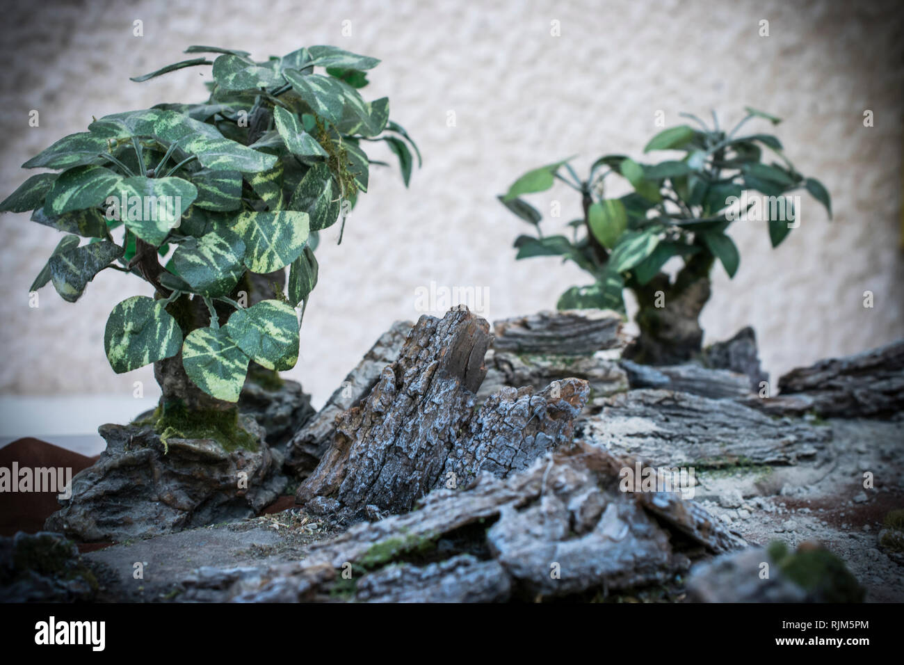 Plastic trees and painted wood bark as a part of scenery for tabletop ...