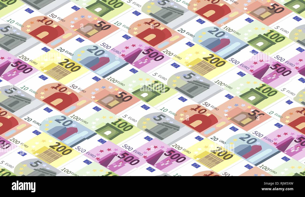 A lot of bright different euro banknotes in a rows, seamless pattern in ...