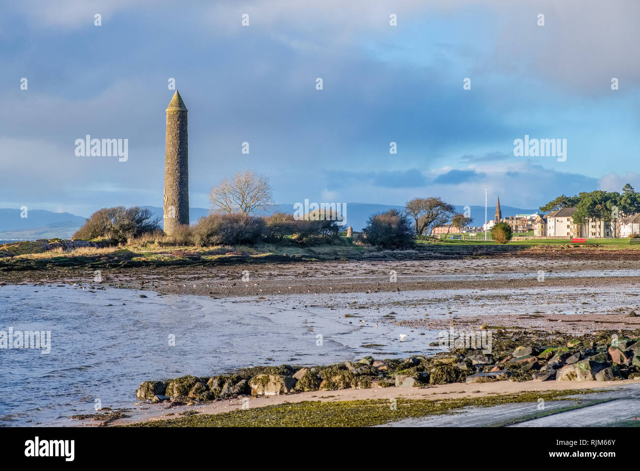 Largs foreshore looking past the Pencil Monument there to commemorate ...