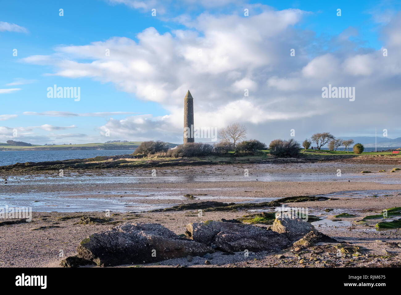 Largs foreshore looking past the Pencil Monument there to commemorate ...