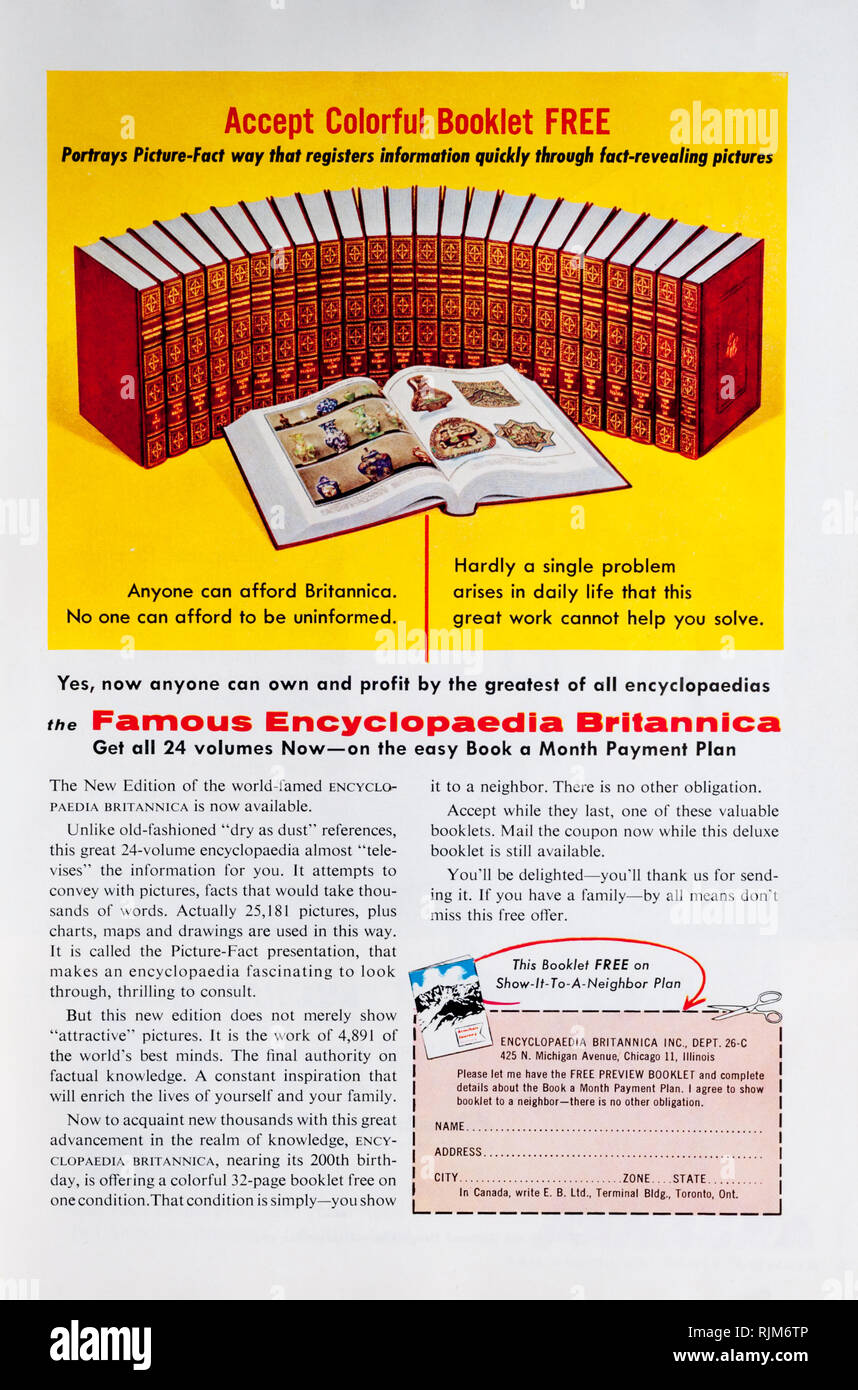 A 1955 magazine advertisement for Encyclopaedia Britannica Stock Photo ...