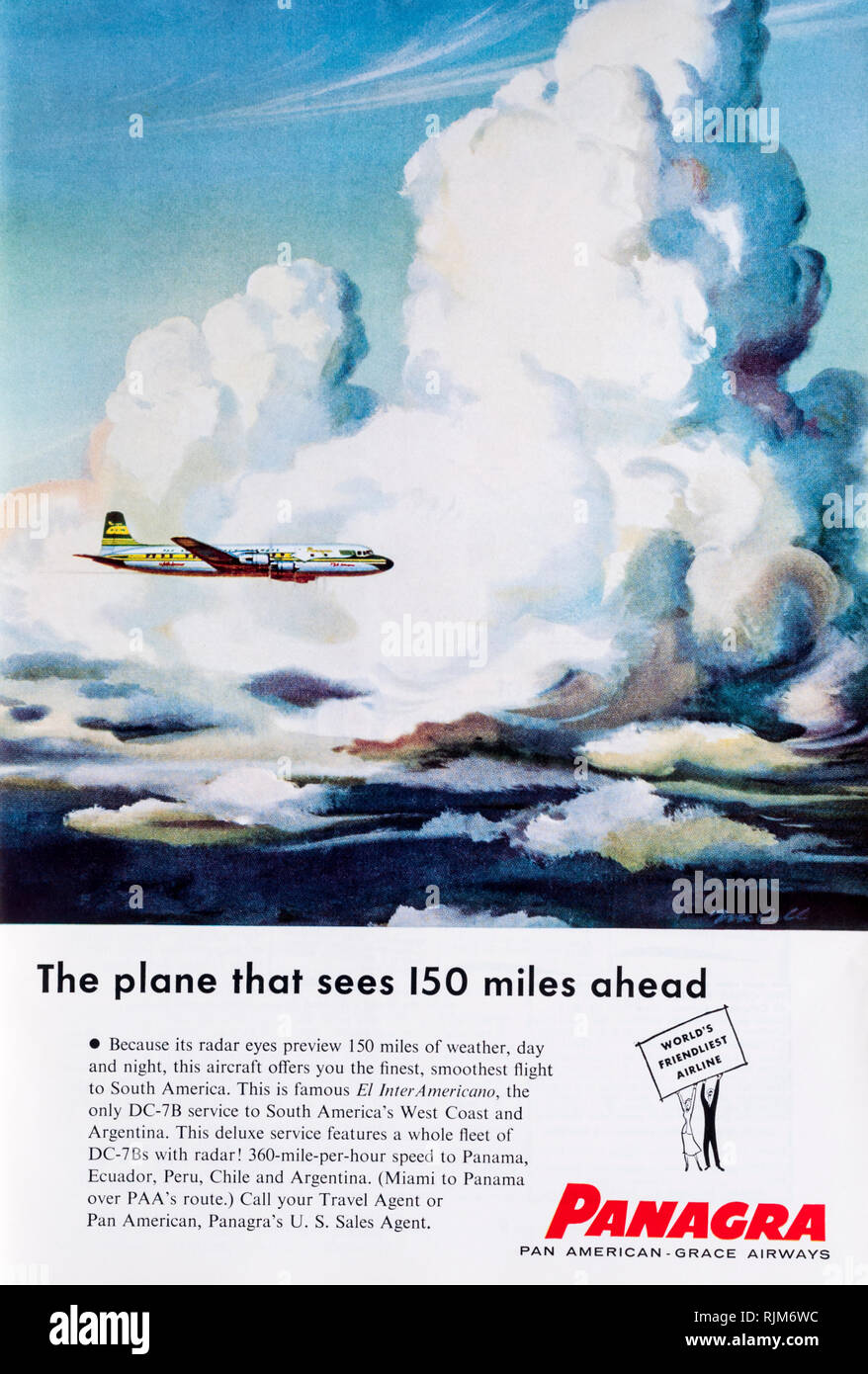A 1955 magazine advertisement for Panagra, Pan American Grace Airways ...