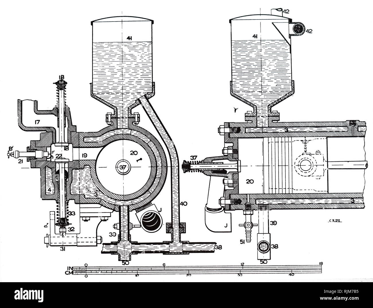 A transverse and longitudinal sections of a Benz 4.375 single cylinder ...