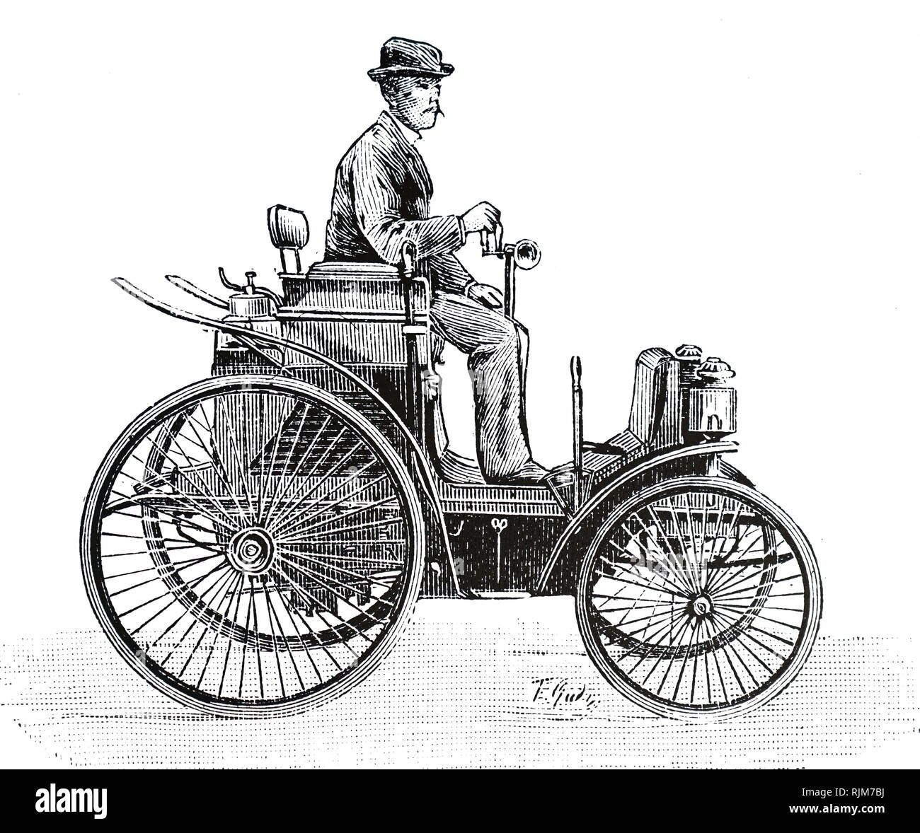 An engraving depicting a Peugeot petrol driven car. Dated 19th century ...