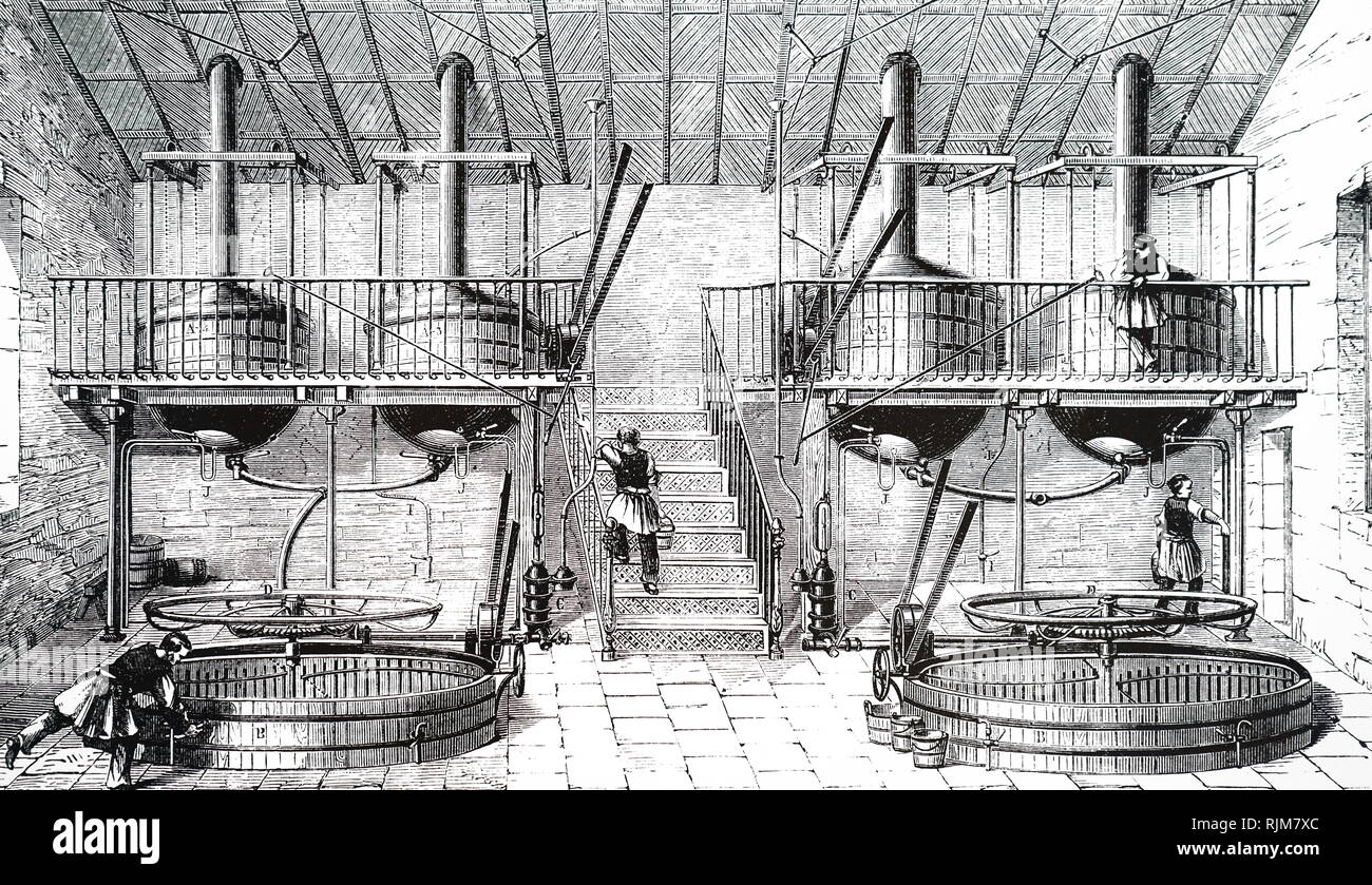 An engraving depicting mash tuns and coppers in a French brewery. Dated ...